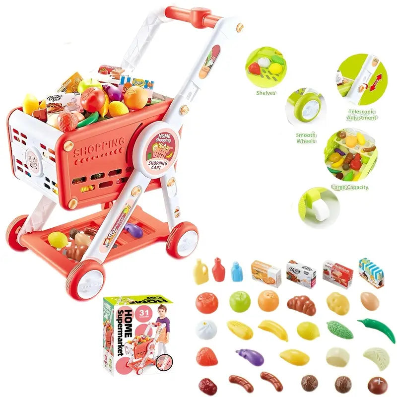Kids Shopping Trolley Play Set with 30+ Pretend Food Items – Adjustabl ...